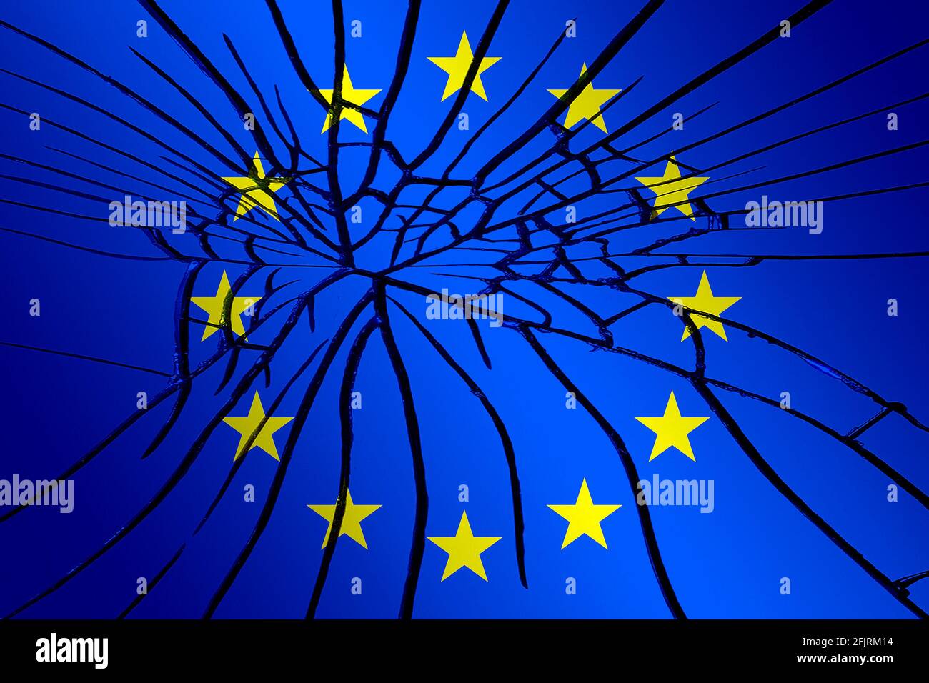Blue european union EU flag on broken mirror. EU destruction symbol ...