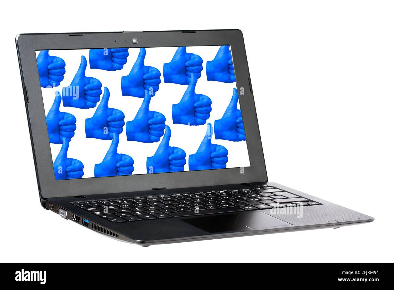 laptop computer with screen full of thumb up isolated on white ...