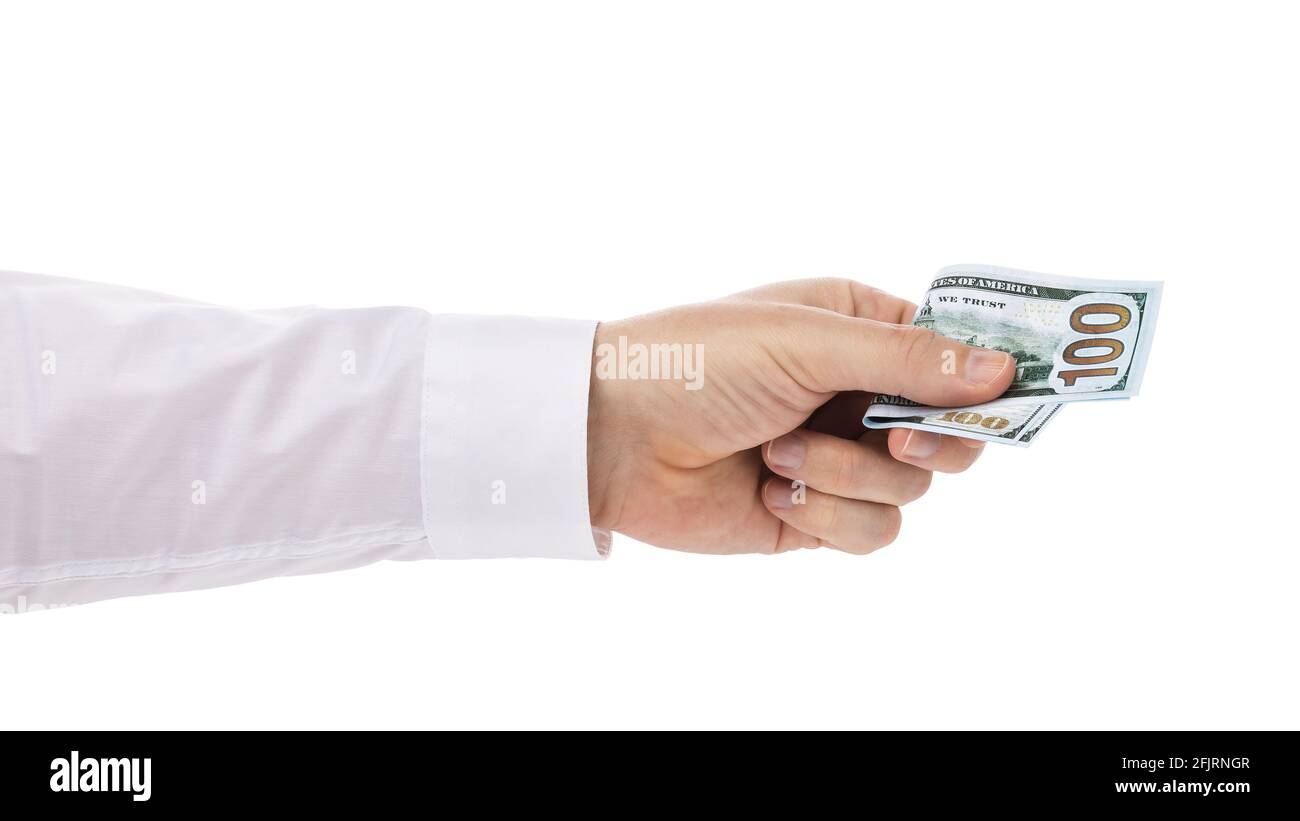 The hand of a man giving $100, isolated on a white background Stock ...