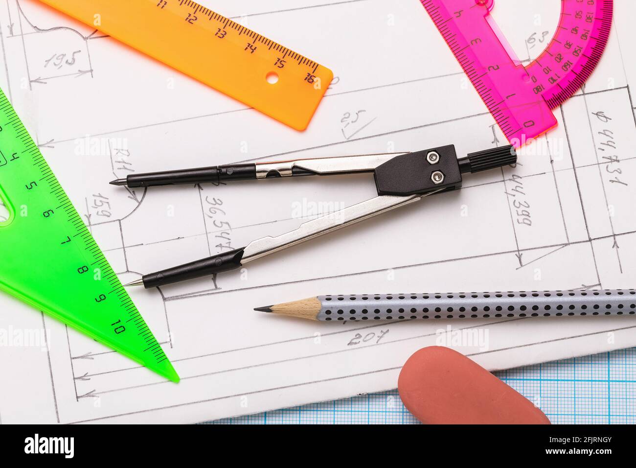Various tools for sketching on paper with blueprints, top view Stock ...