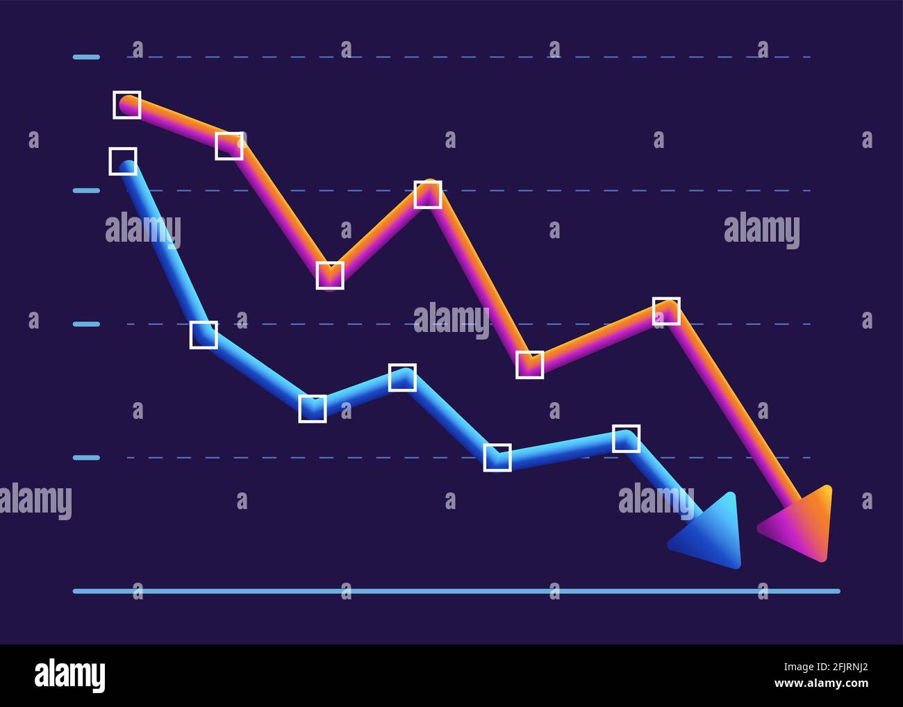 Financial chart with two arrows moving down. Modern design red and blue ...