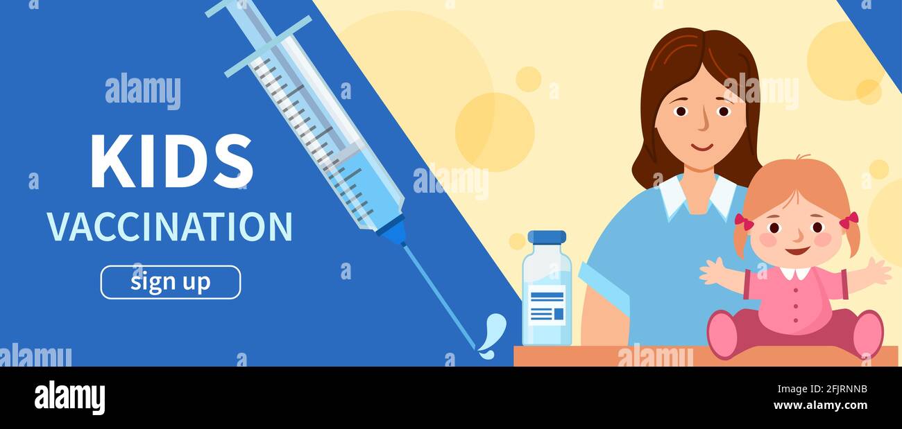 Blue banner Kids vaccination. Mom and child in medical clinic. Web site ...