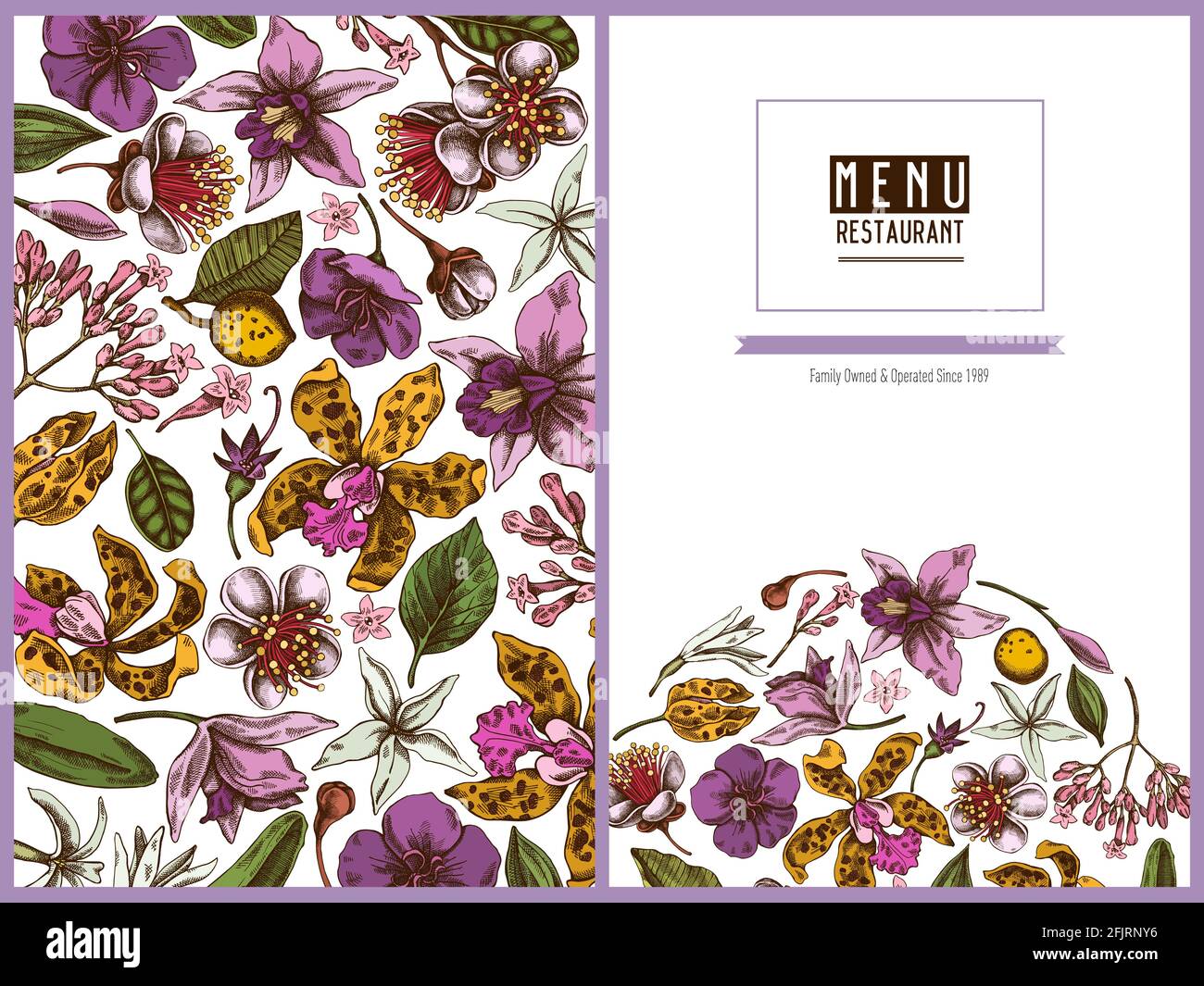 Menu cover floral design with colored laelia, feijoa flowers, glory ...