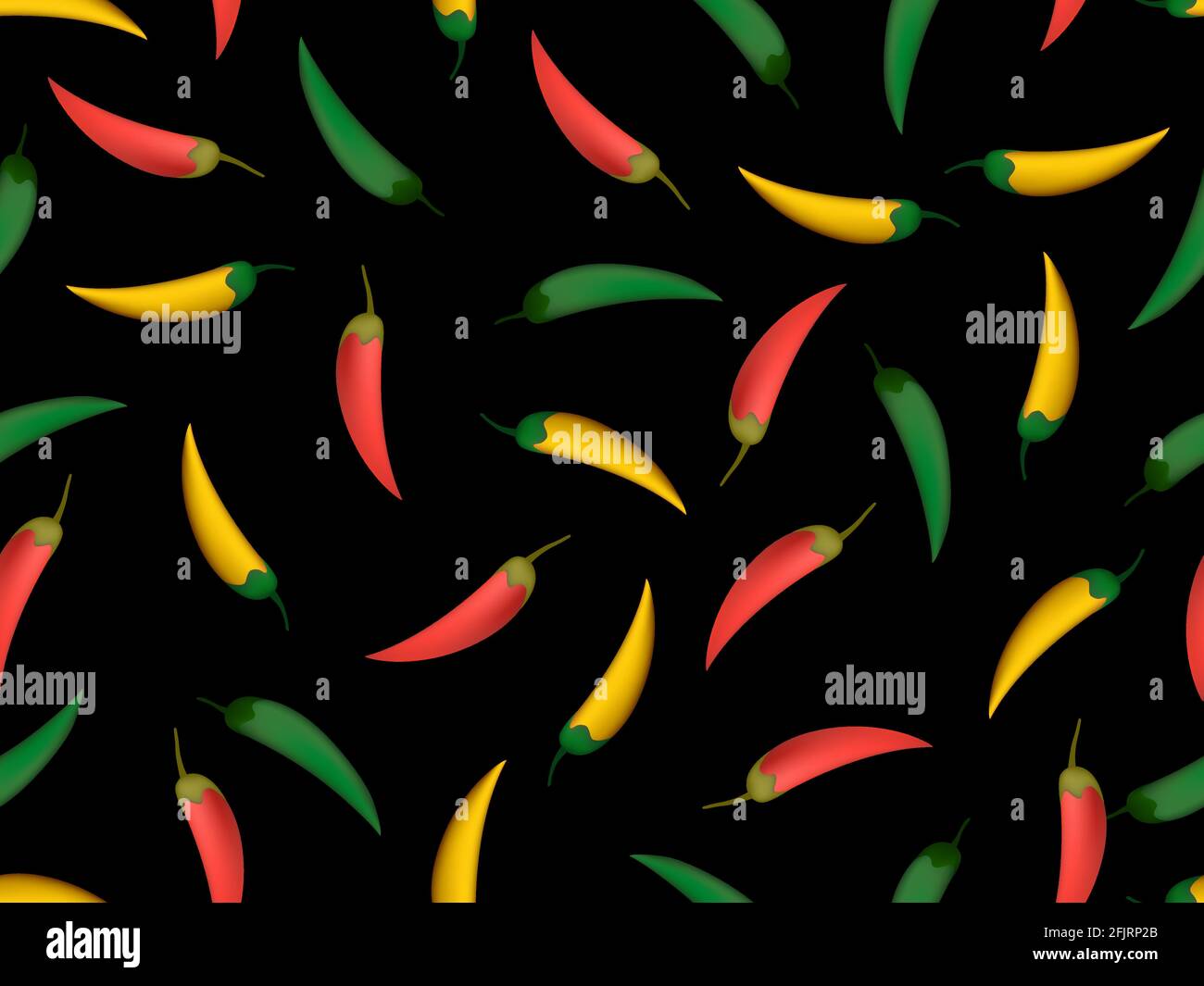 Seamless pattern with red, green and yellow chili peppers on black ...
