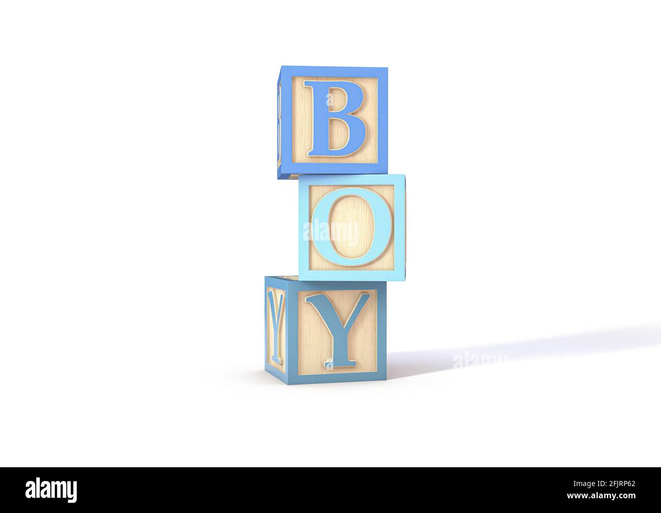 A stack of wooden toy letter blocks in shades of blue set up to spell ...