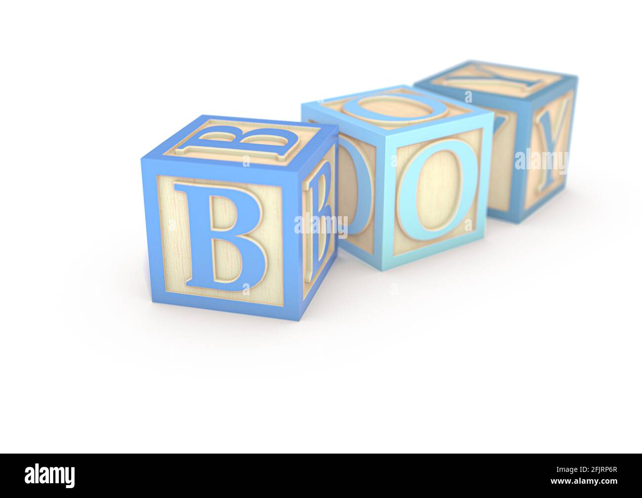A stack of wooden toy letter blocks in shades of blue set up to spell ...