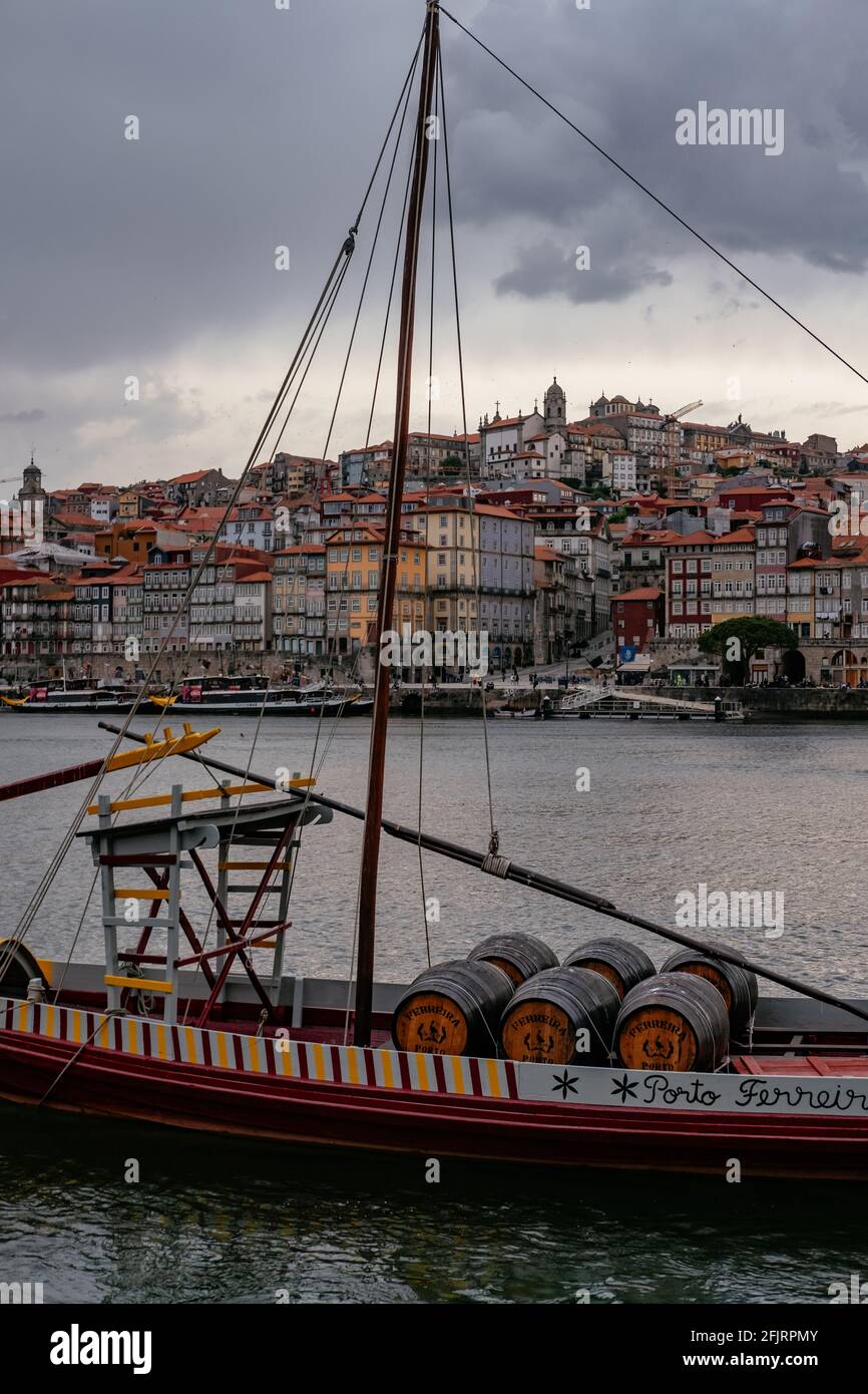 Traditional and Iconic Rabelo Boats moored in Douro River - Cloudy Sky ...