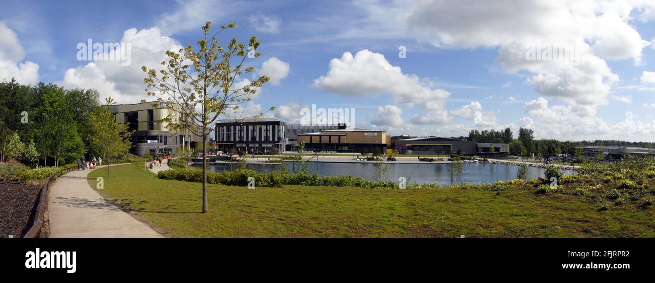 Panorama of modern buildings on the edge of Telford Town Park ...