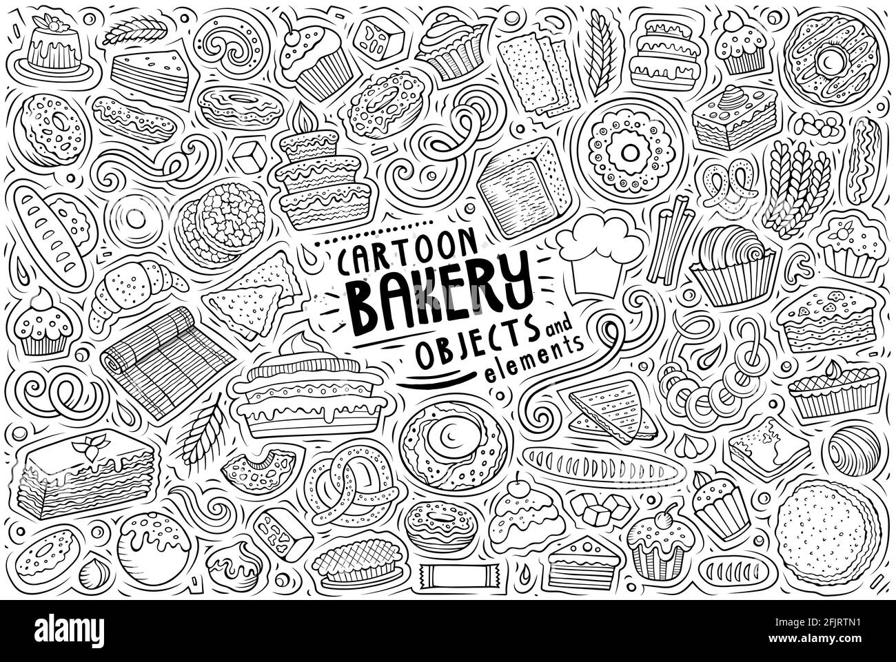 Line art vector hand drawn doodle cartoon set of bakery theme items ...