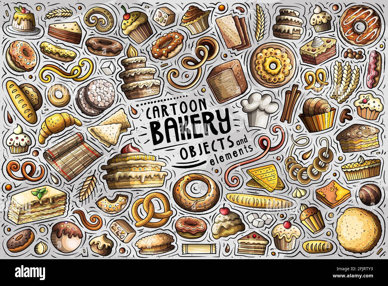 Colorful vector hand drawn doodle cartoon set of bakery theme items ...
