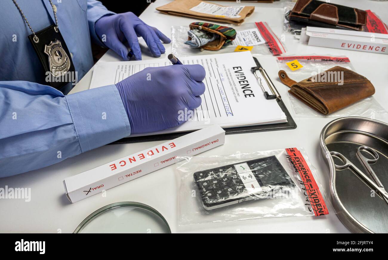 Specialised police officer Counting dollar banknotes in crime lab ...