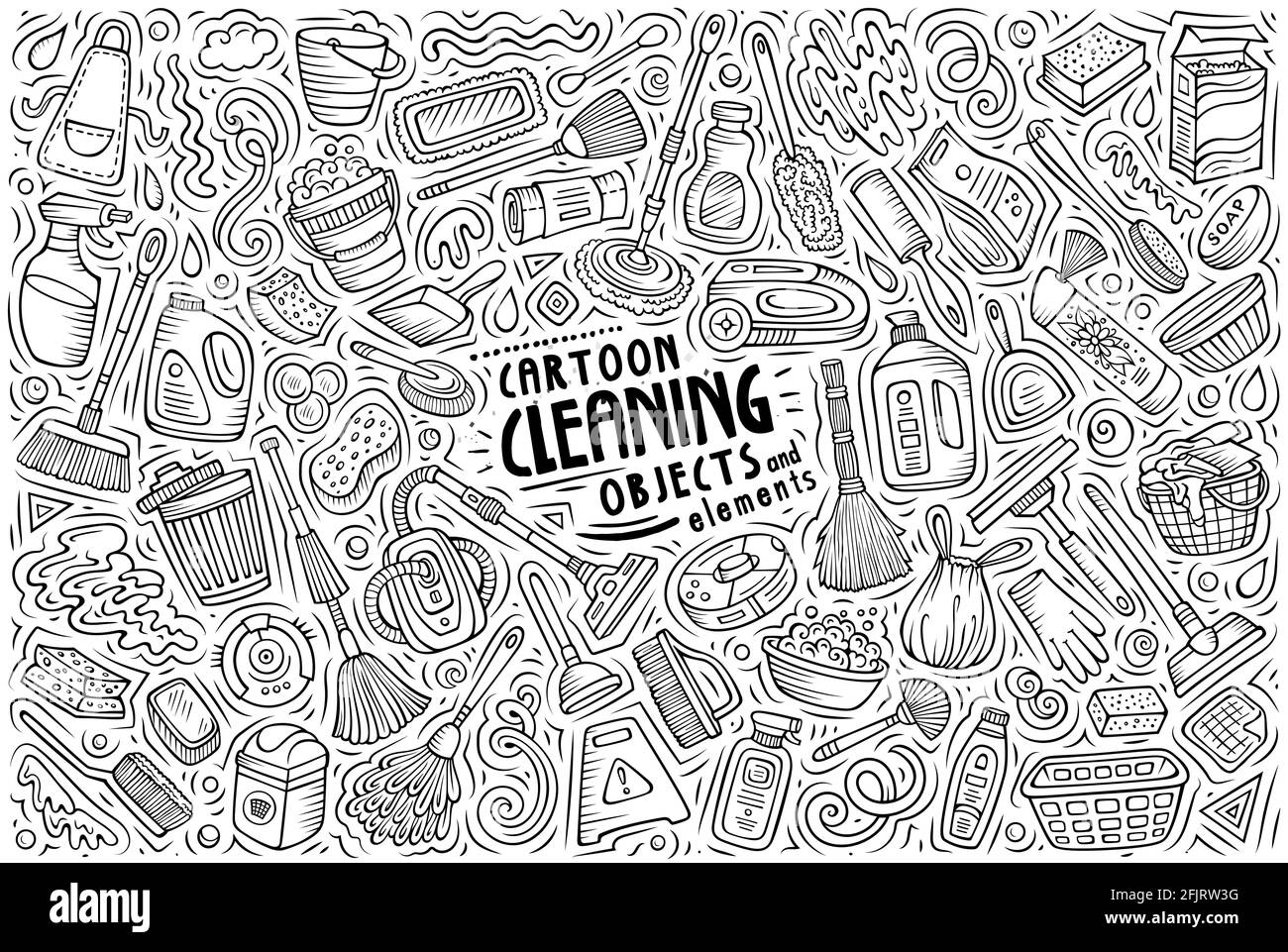 Line art vector hand drawn doodle cartoon set of Cleaning theme items ...