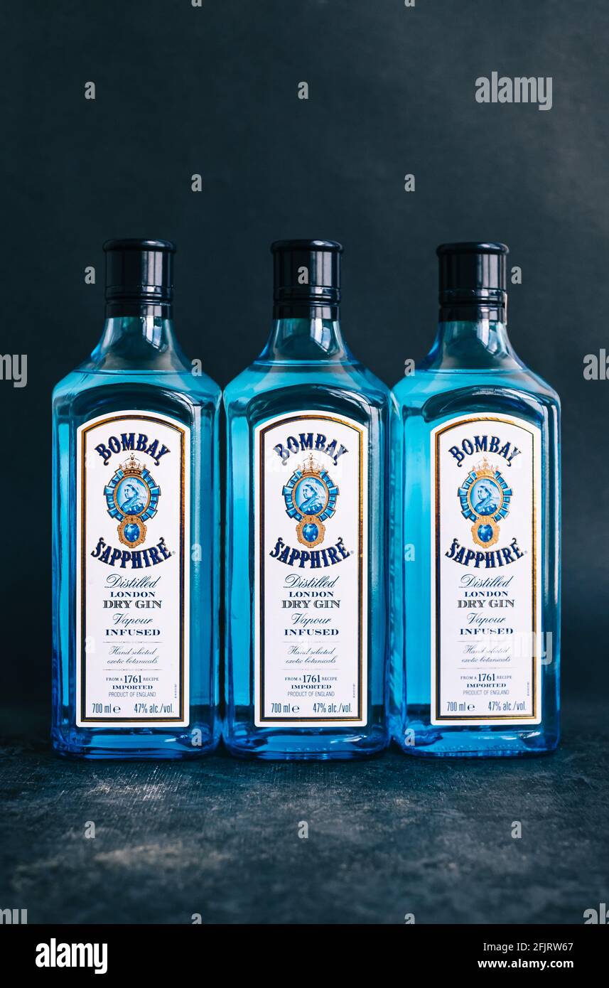 Bombay Sapphire bottle close up shot, white dry gin on black background ...