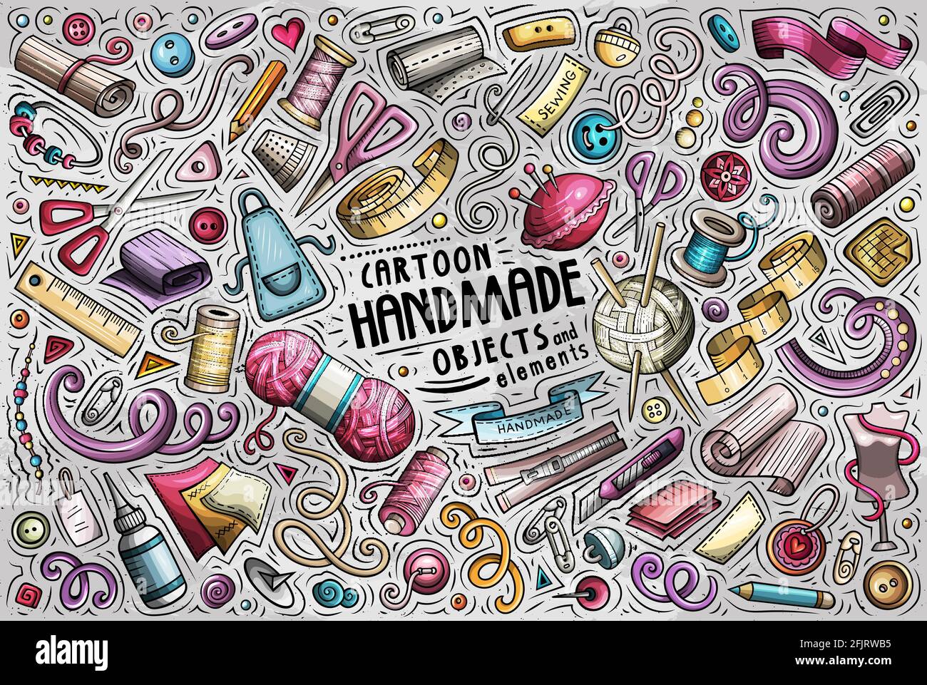 Colorful vector hand drawn doodle cartoon set of handmade theme items ...