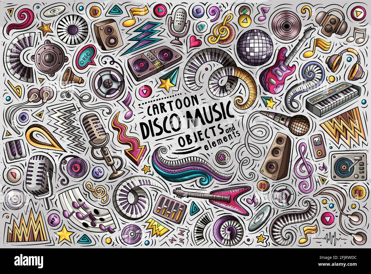 Colorful vector hand drawn doodle cartoon set of Disco Music theme ...