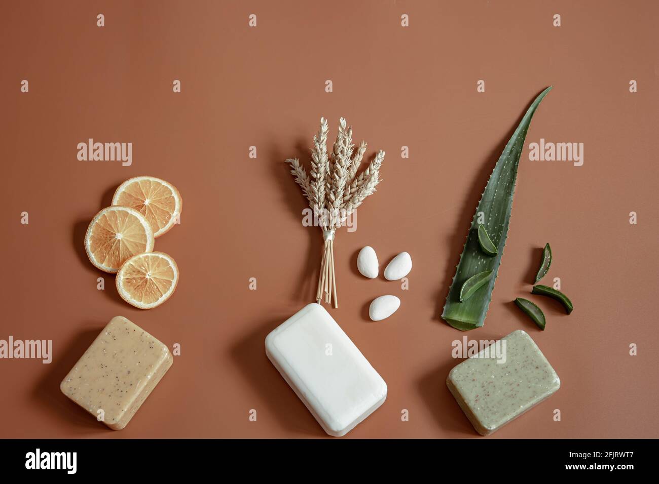 Still life with different types of soap in composition and ingredients ...