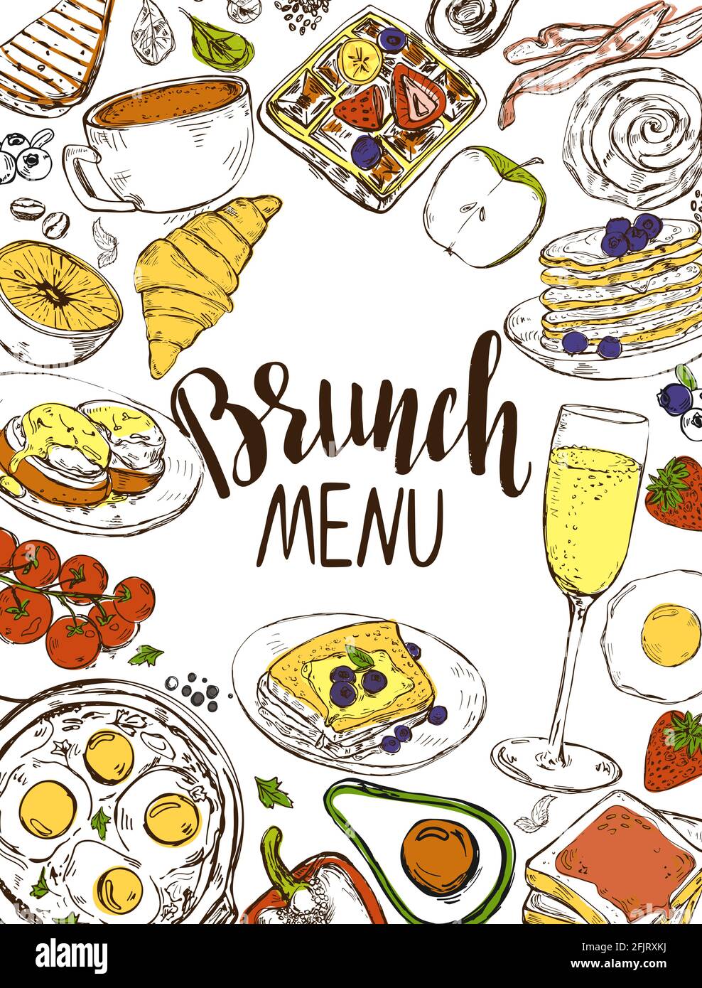 Set of various doodles, hand drawn rough simple breakfast meals ...