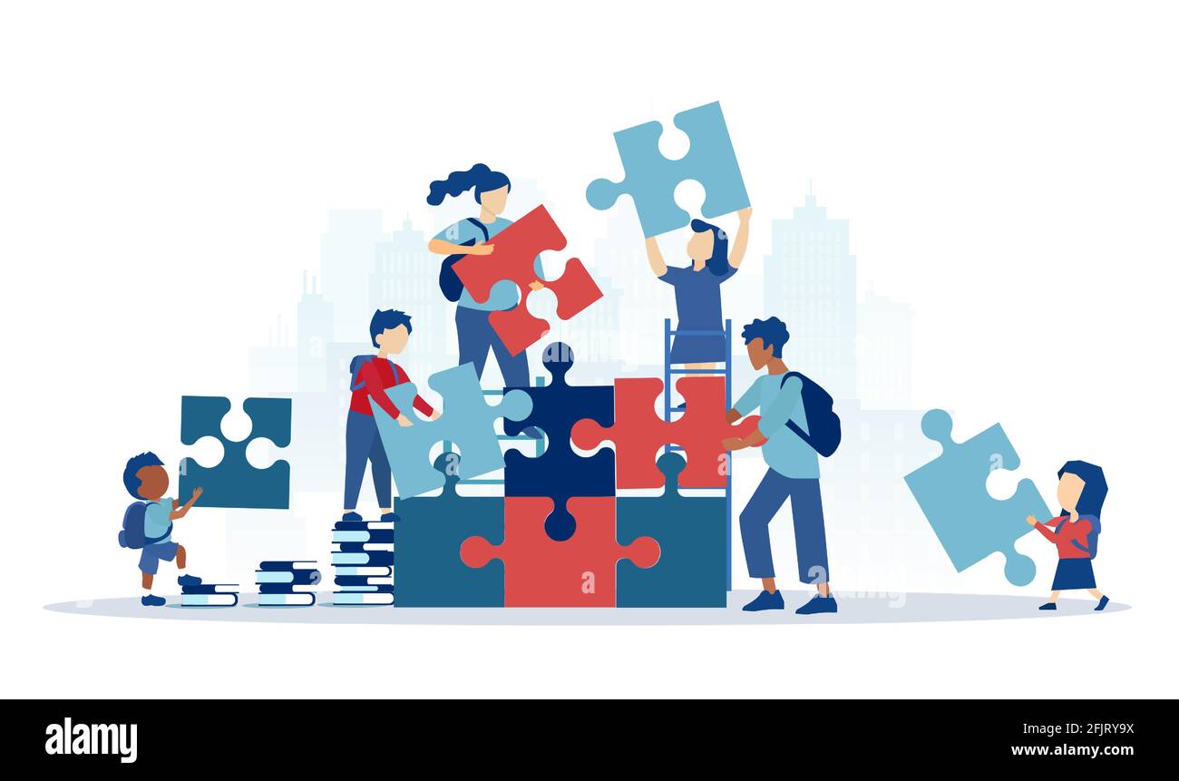 Vector of a diverse group of children students assembling a puzzle ...