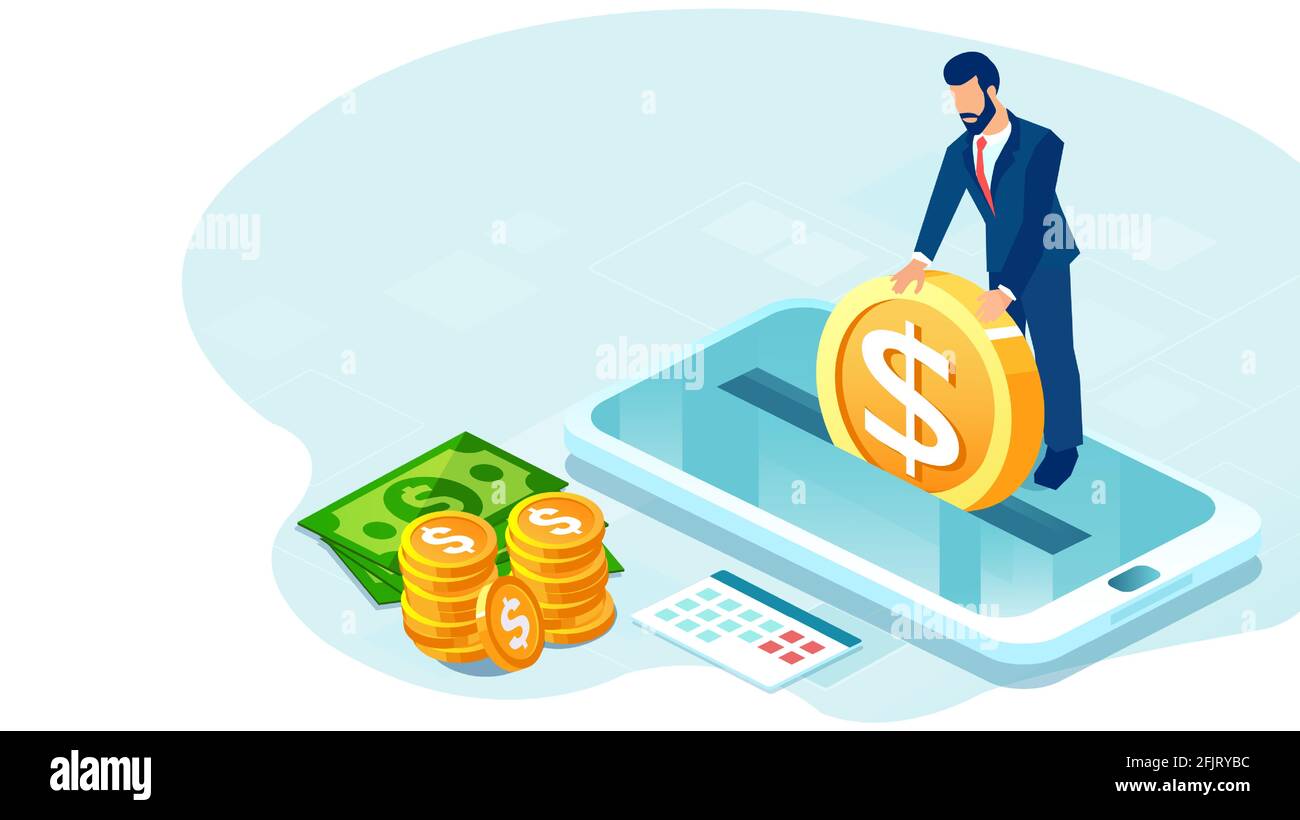 Vector of a businessman making money deposit via mobile app Stock ...