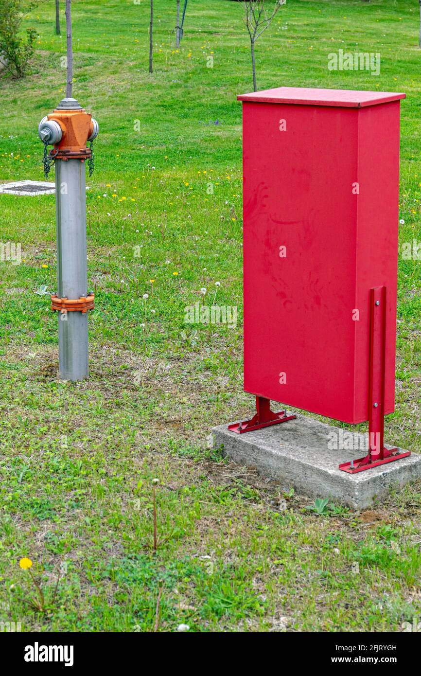 Fire Hydrant Water Pipe and Red Box With Equipment Stock Photo - Alamy