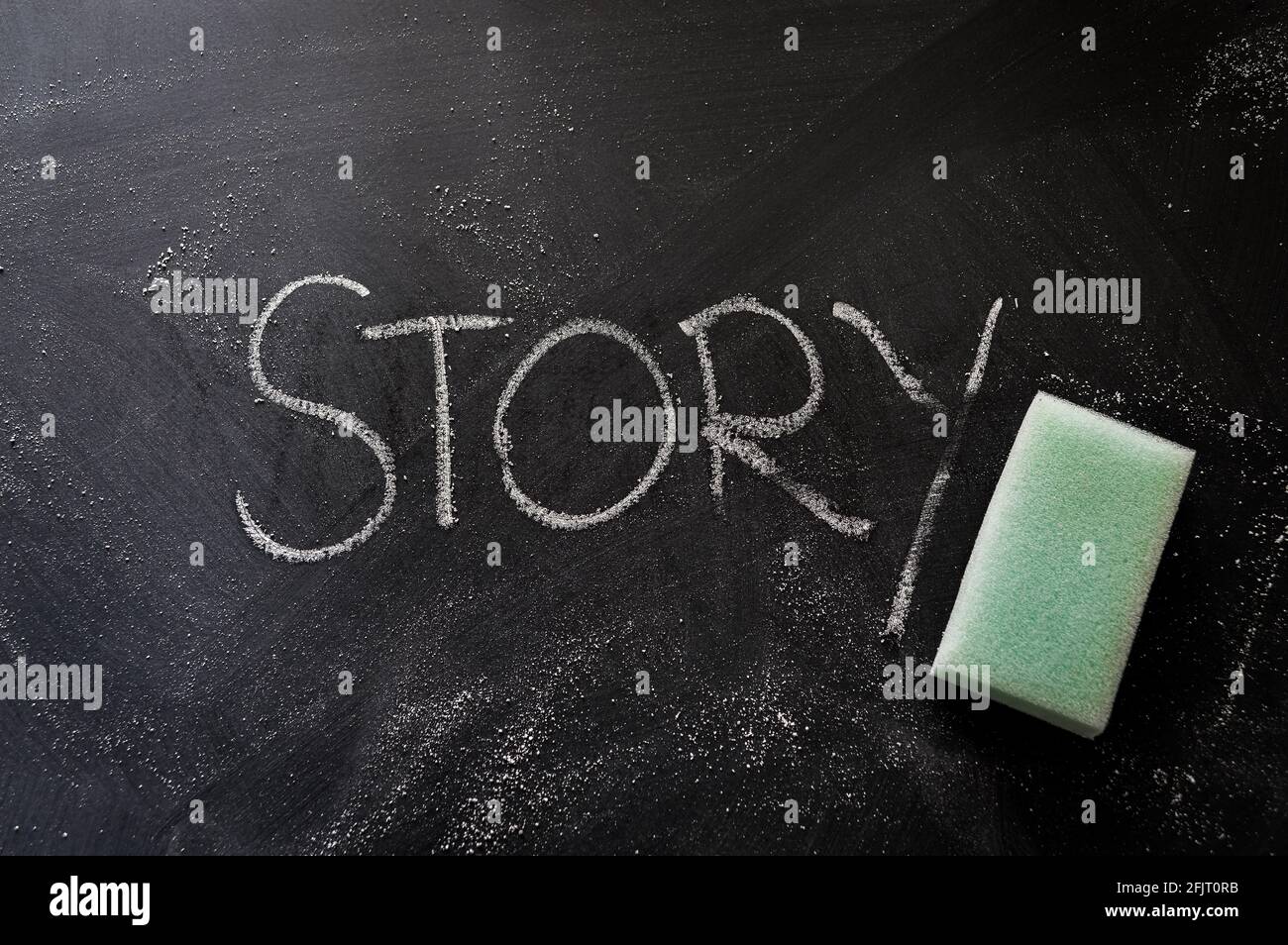 erasing story, hand written word on blackboard being erased concept ...