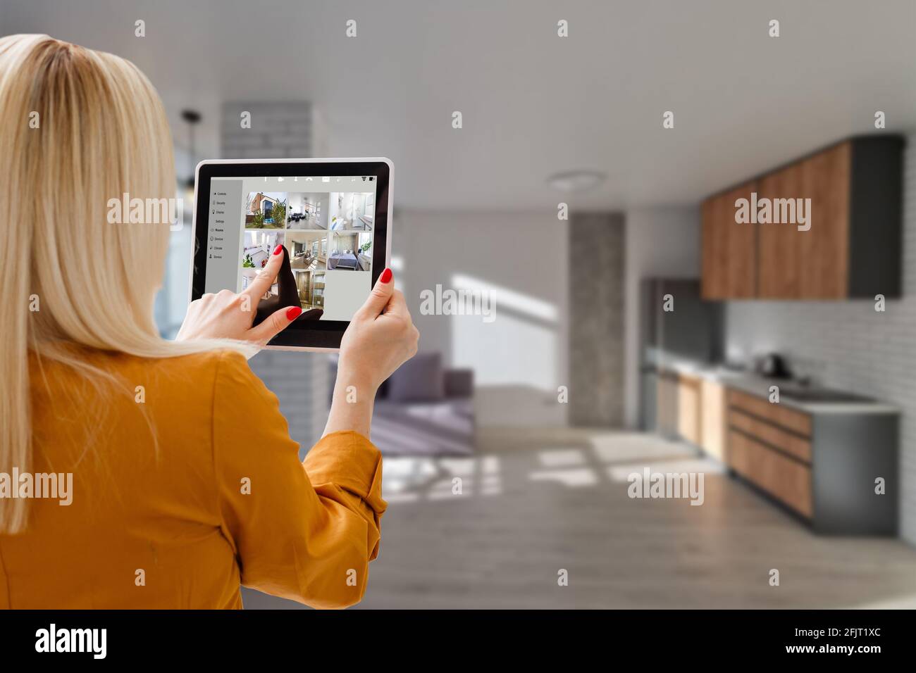 Woman having a Home automation control station in a modern home 3D ...