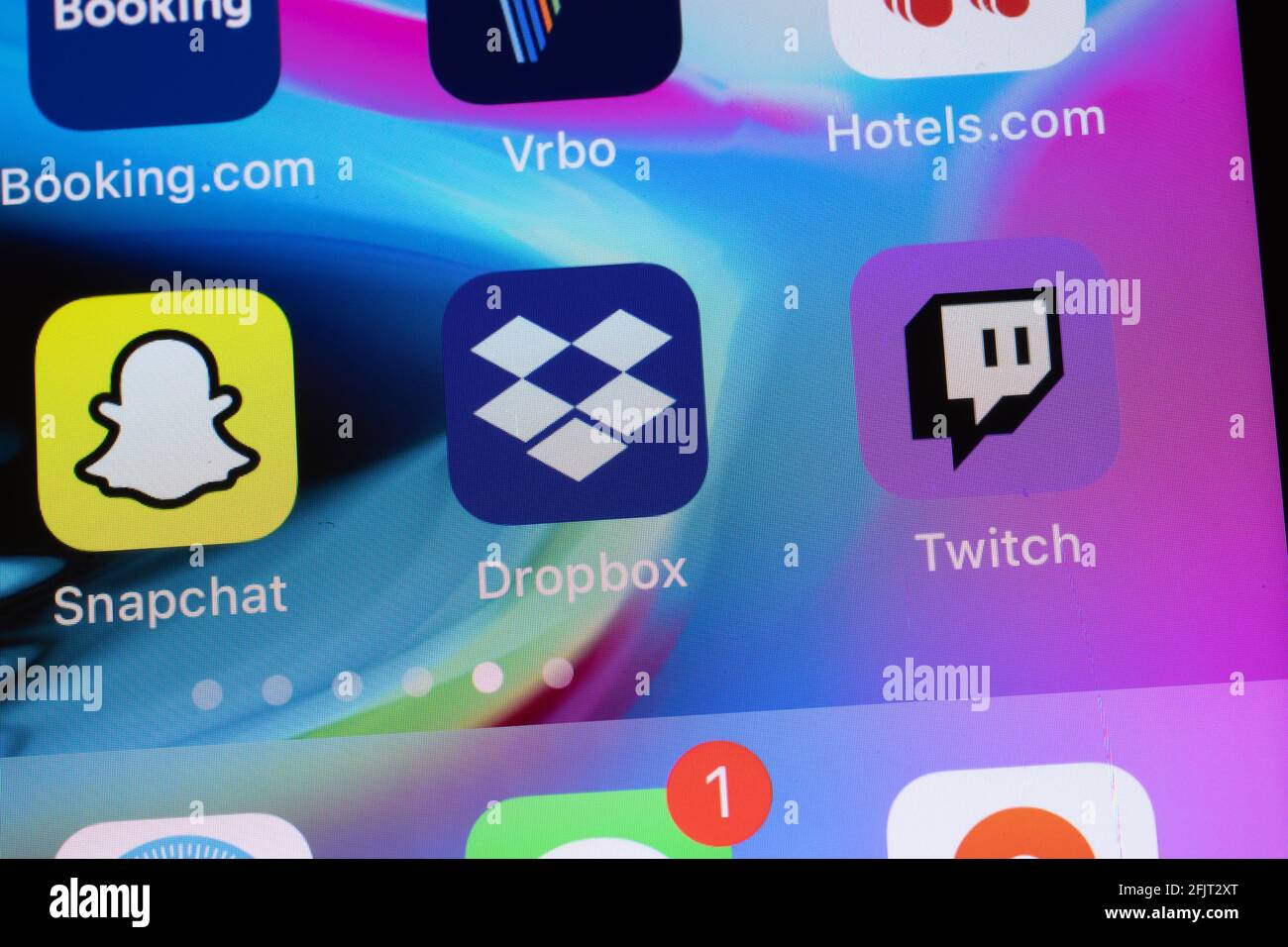 New York, USA - 26 April 2021: Dropbox app logo on phone screen close ...