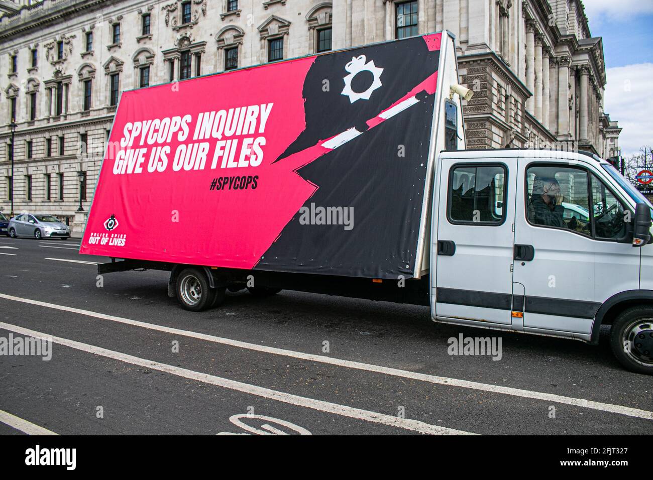 WESTMINSTER LONDON, UK. 26 April 2021. A van in Westminster carries a ...