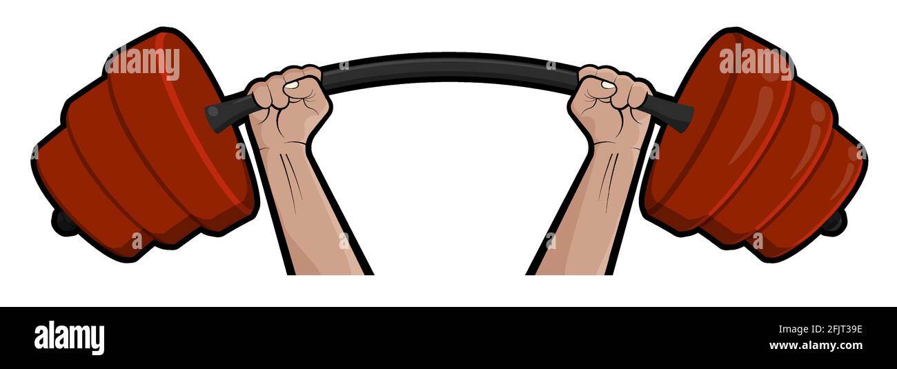 Strong hands hold heavy barbell overhead. Motivation for athletes ...