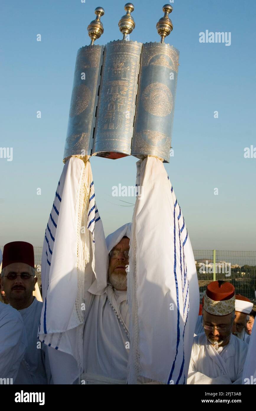 Israel, West Bank, samaritan priest raising of the Torah Scrolls ...