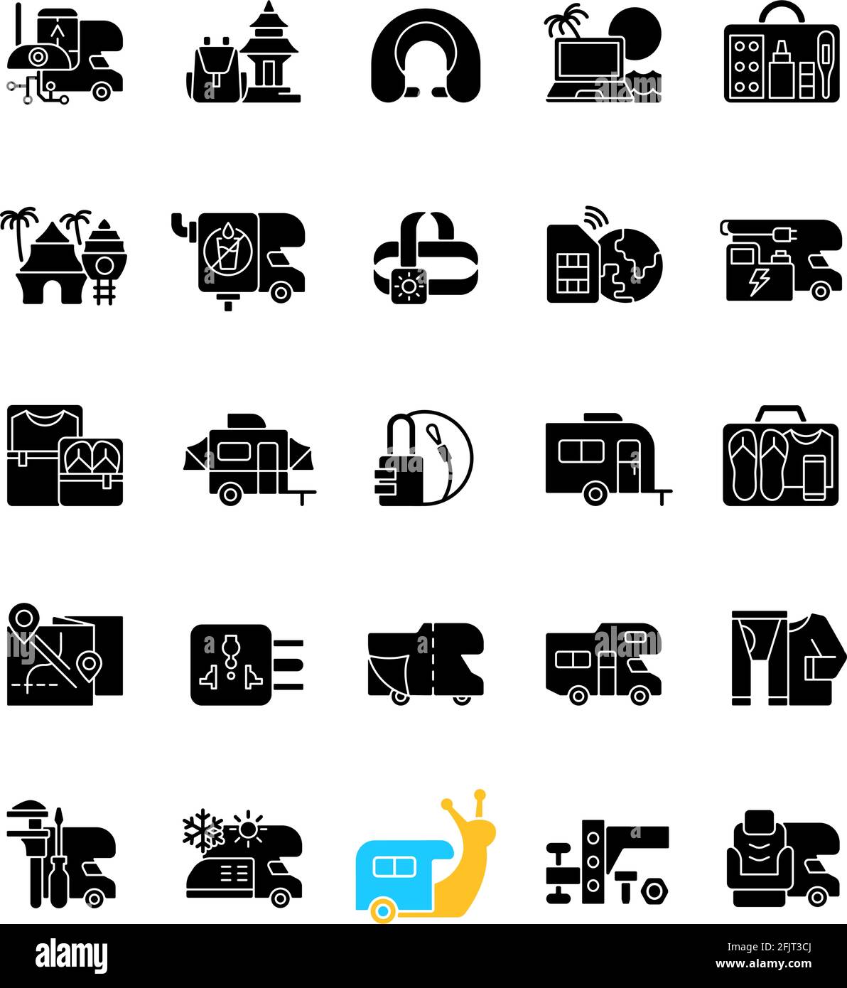Nomadic vacations black glyph icons set on white space Stock Vector ...