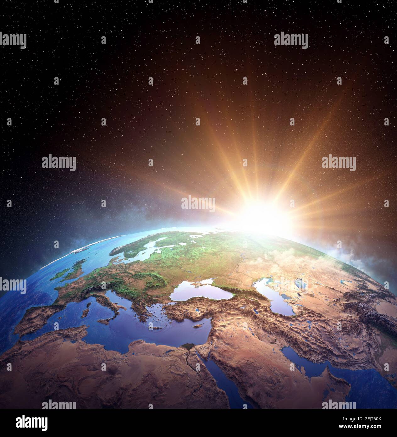 Surface of Planet Earth from space. Sunrise, explosion, impact on the ...