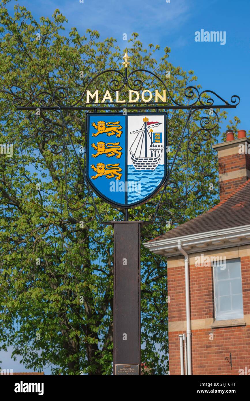 Maldon Essex UK, view of a sign displaying the coat of arms of the ...