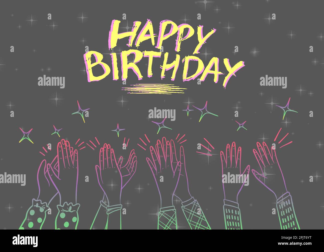 Happy birthday text over multiple hands clapping and shining stars ...