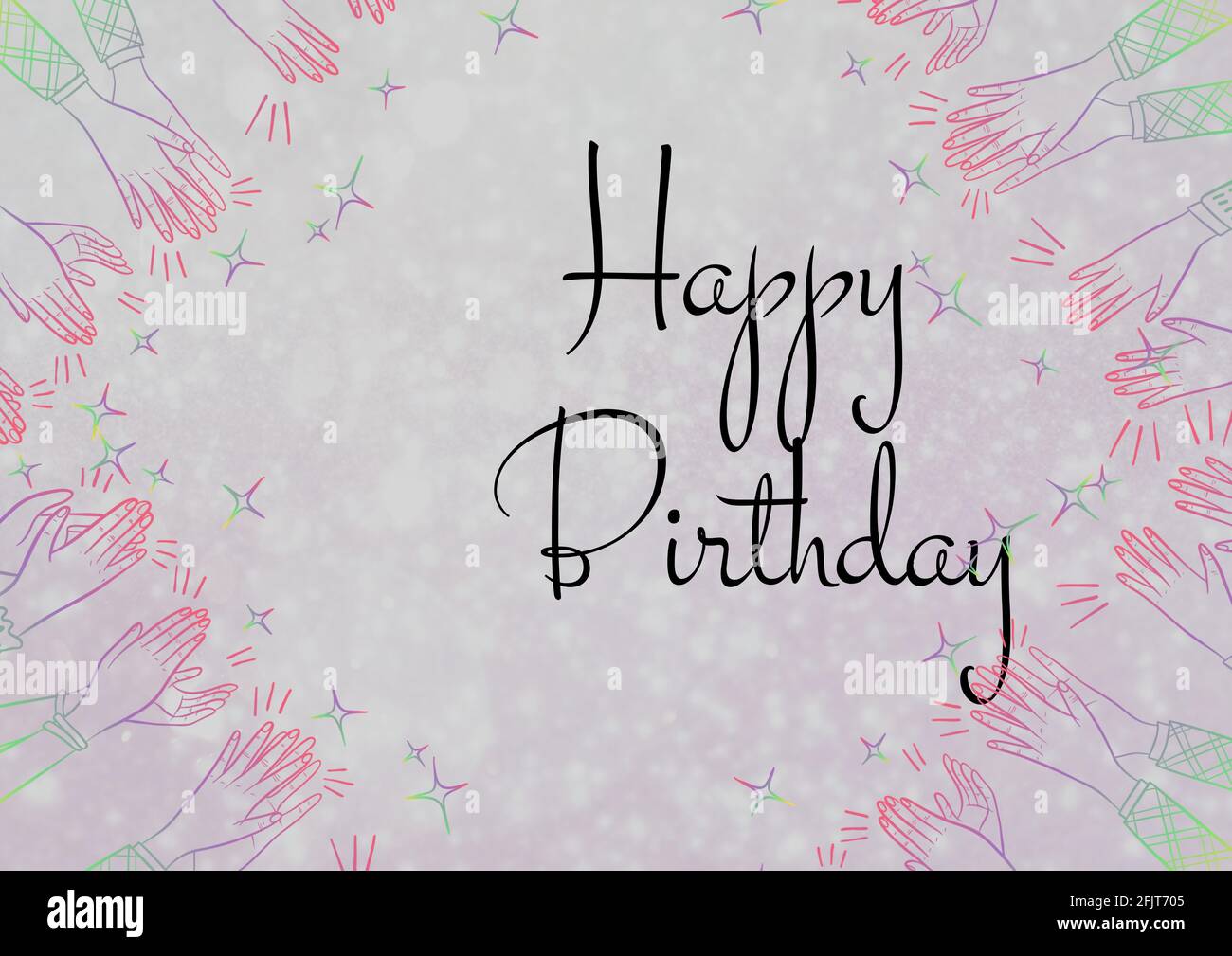 Happy birthday text over multiple hands clapping and shining stars ...