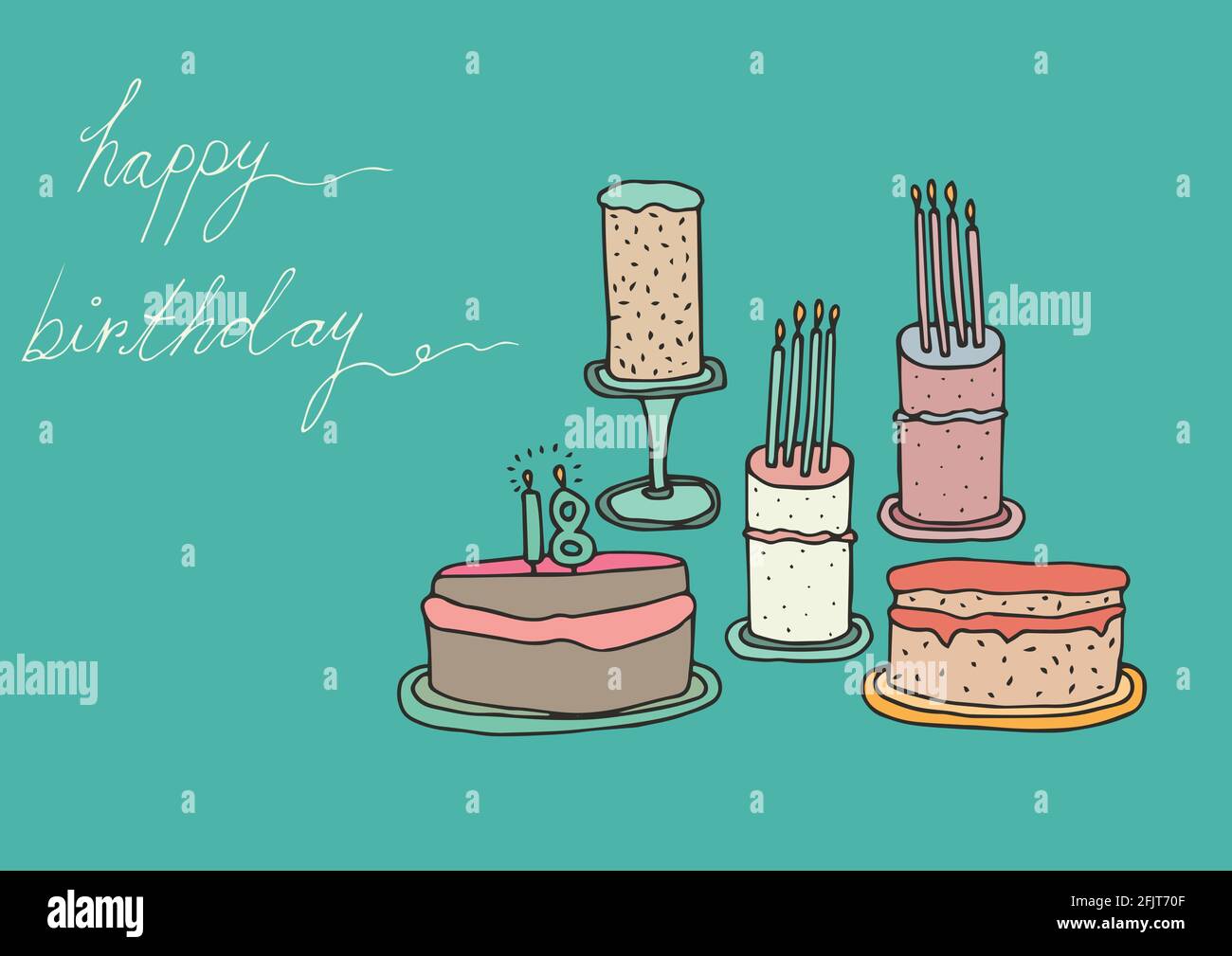 Happy birthday text and multiple birthday cakes against green ...