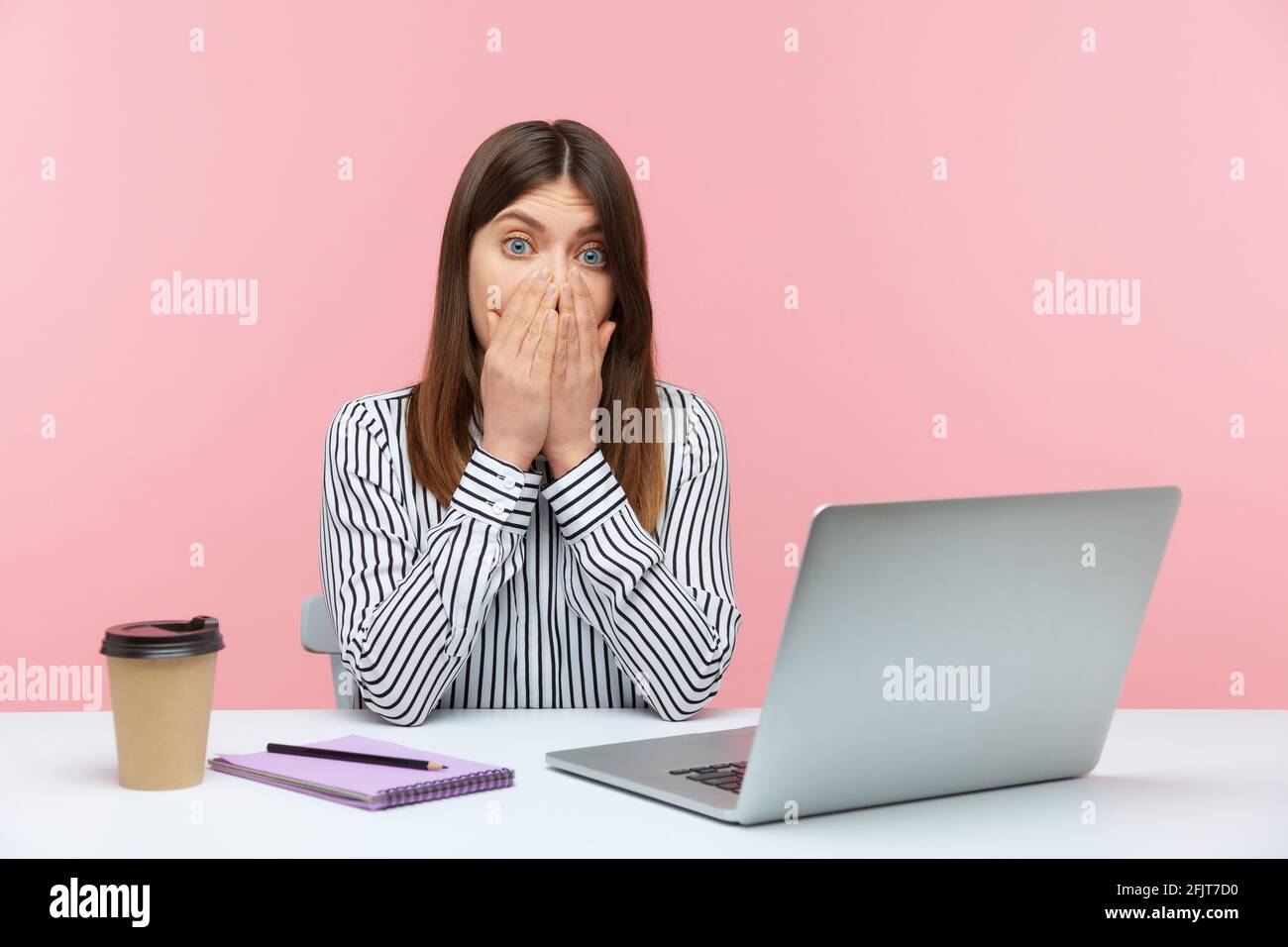 I will not tell anyone! Scared upset woman employee sitting at ...