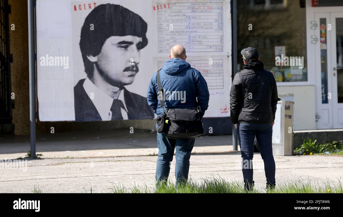 The large-scale poster, shows old photo of the current Czech Prime ...