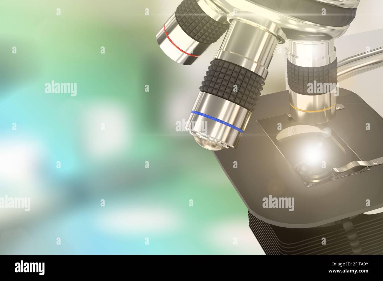 chemical research concept, lab electronic scientific microscope with flare on bokeh background ...