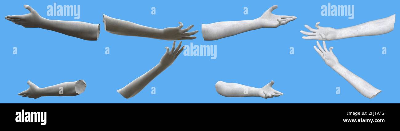 Set of grey stone statue hand realistic renders isolated on blue ...