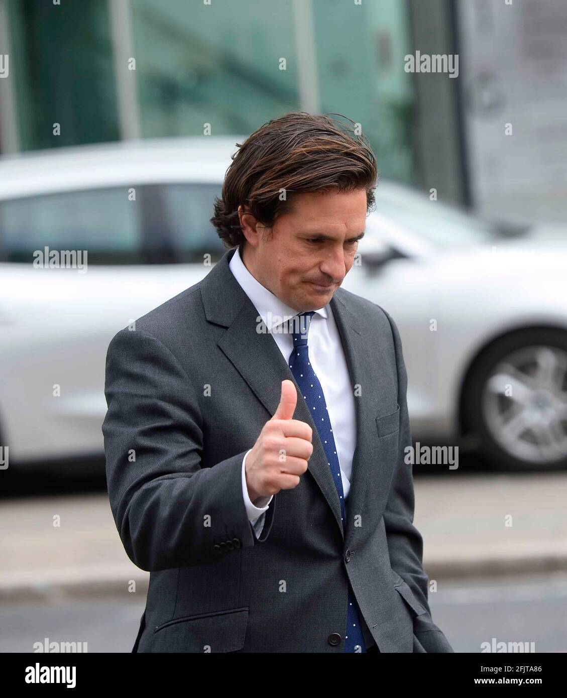 Ex-veterans minister Johnny Mercer outside Laganside Courts in Belfast ...
