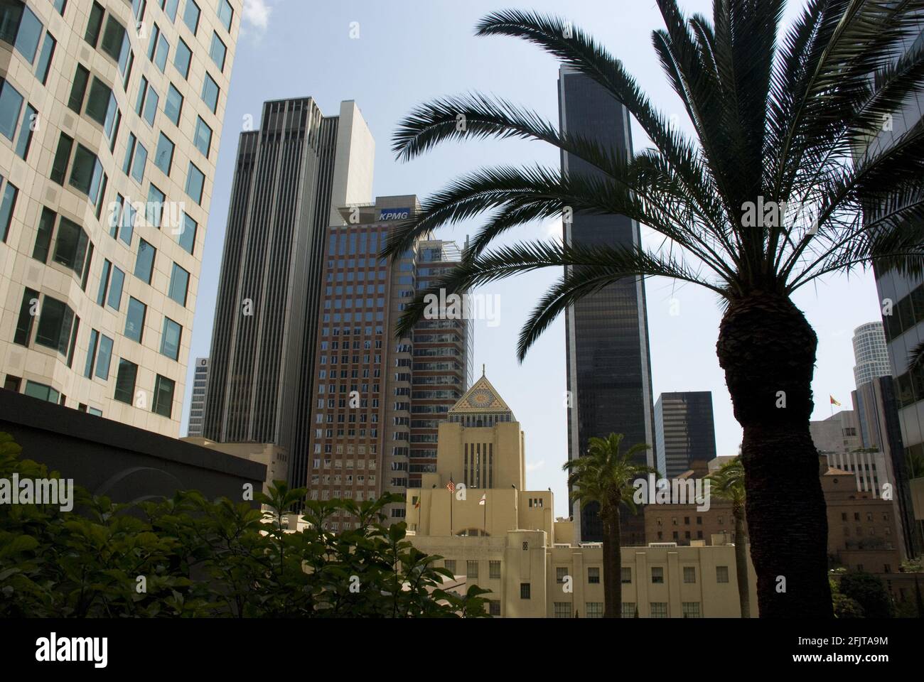Low angle view of Downtown Los Angeles skyscrapers, California Stock ...