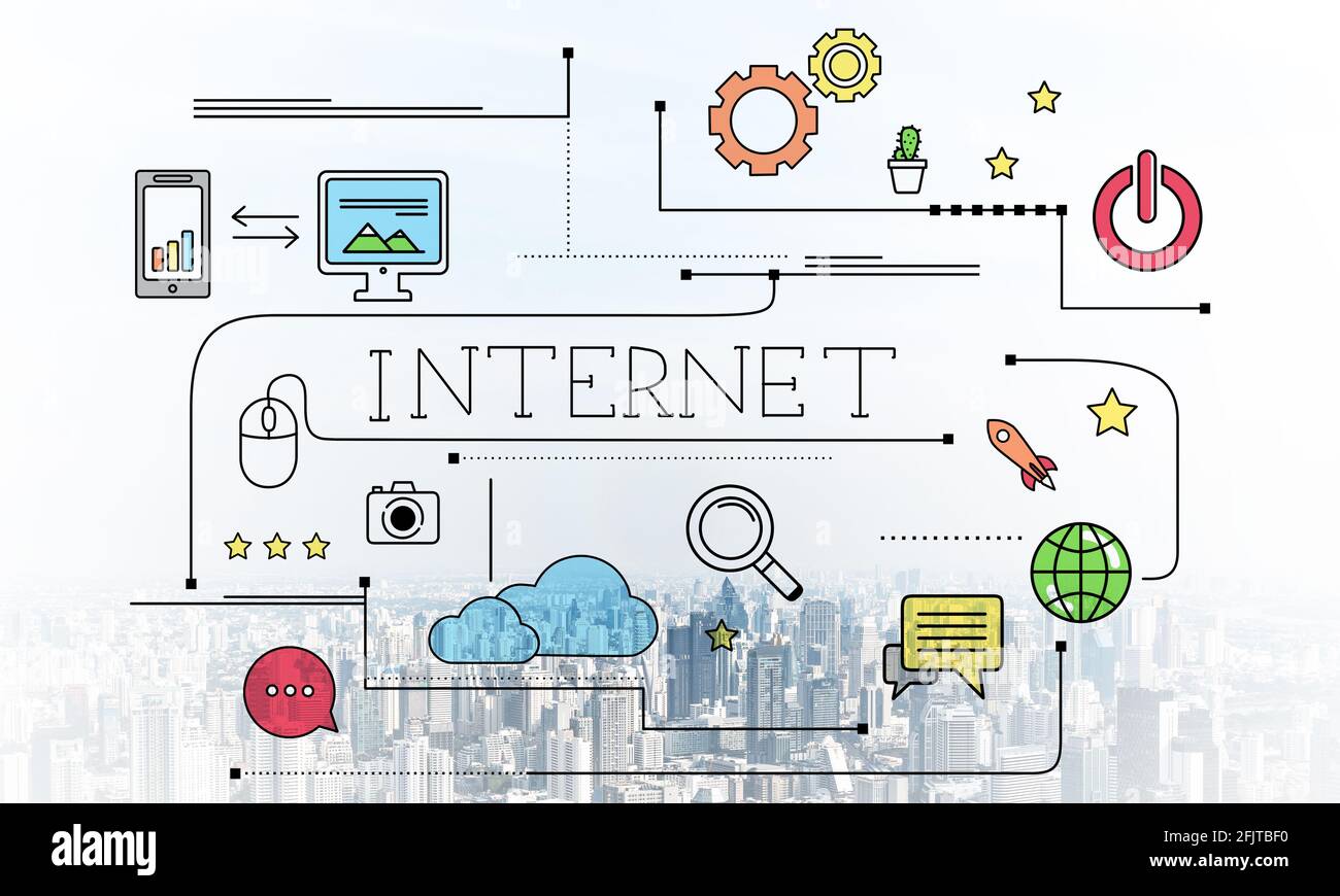 Internet connection sketch with media signs Stock Photo - Alamy