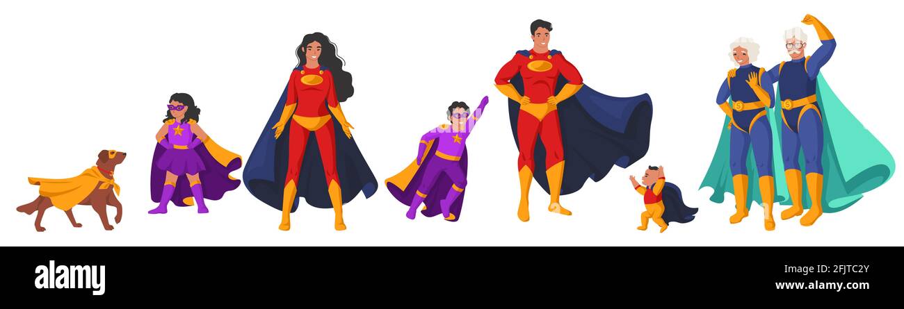 Family of superheroes, cartoon character set, flat vector illustration ...