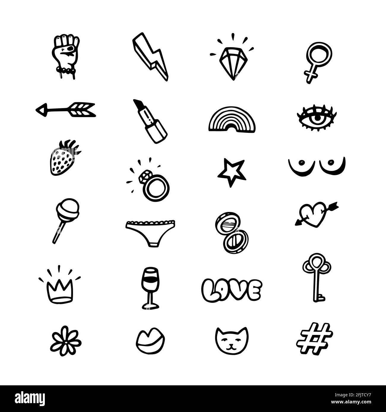 Girl power movement. Doodle style Feminist set of icons on white ...