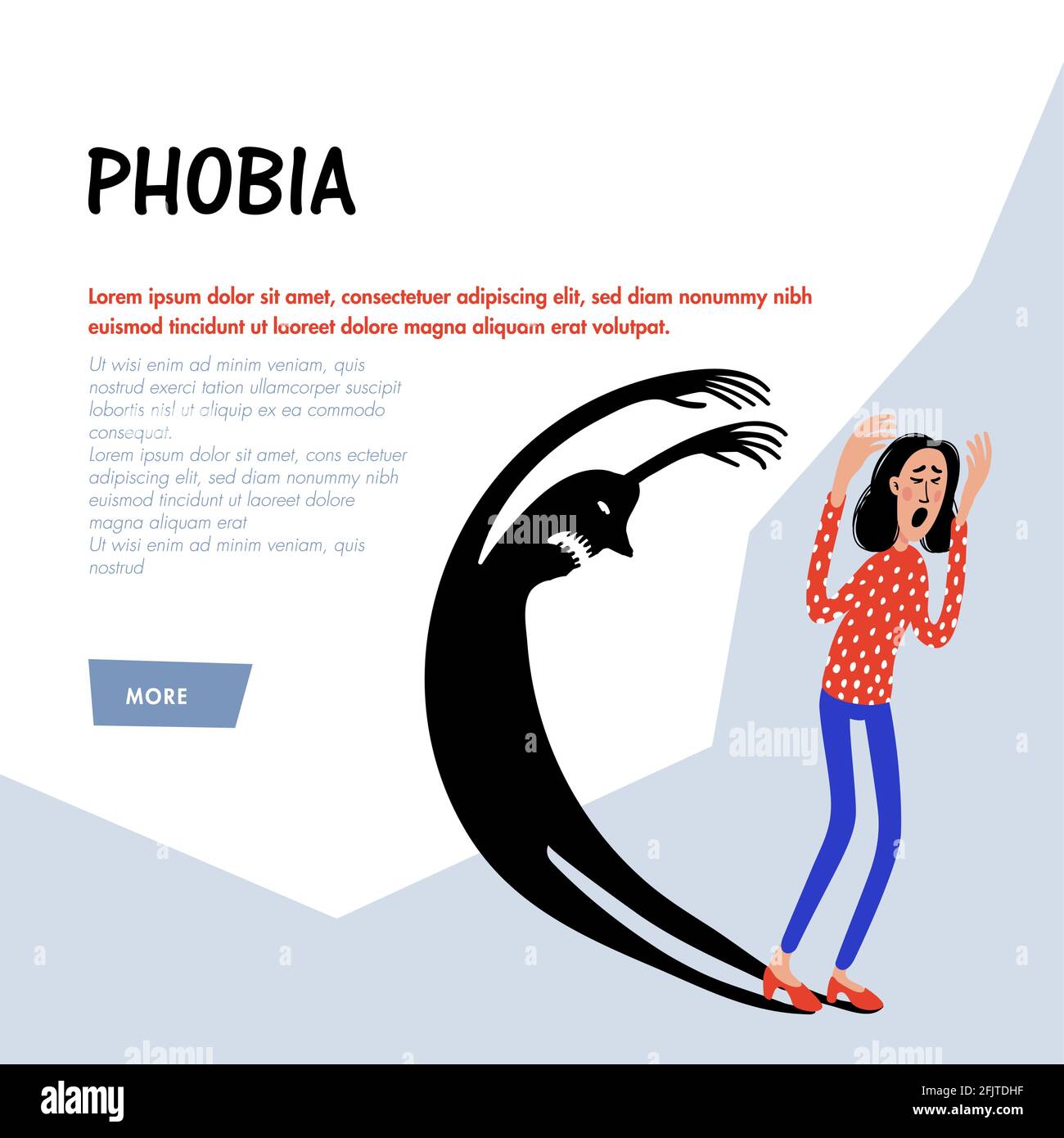Psychology. Phobia. Frightened Woman character escaping scary shadow ...