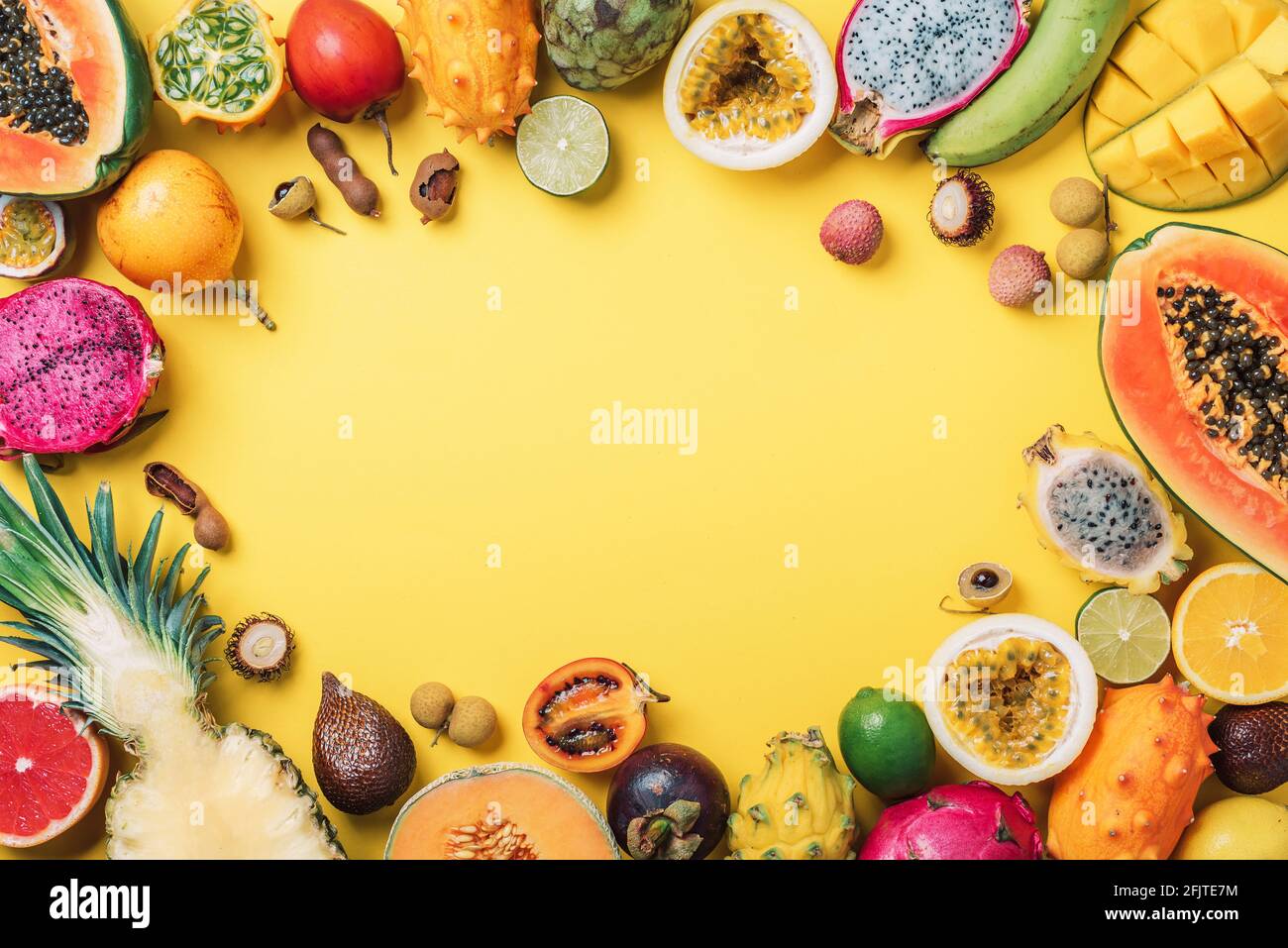 Tropical fruits concept. Exotic fruits - pineapple, papaya, mango ...