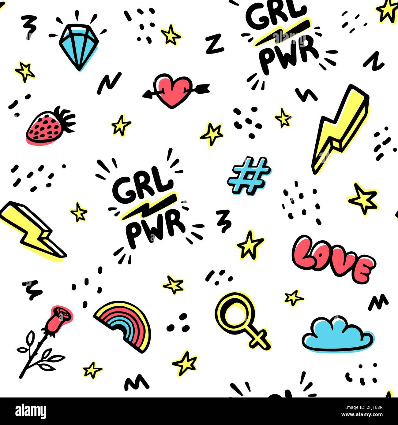 Girl power movement seamless pattern. Feminist inscriptions and icons ...