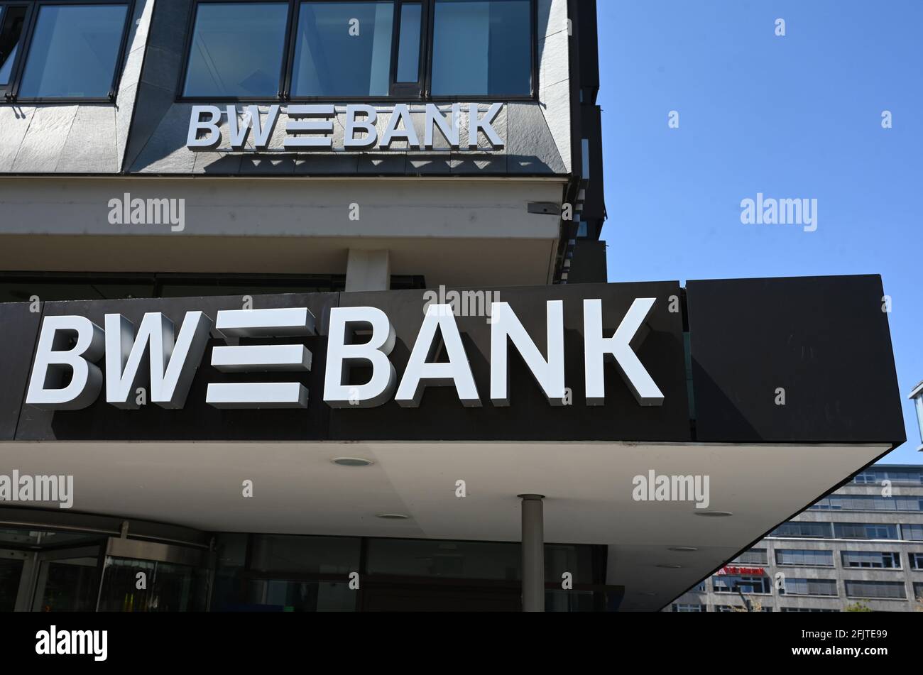 Stuttgart, Germany. 26th Apr, 2021. BW Bank logos are attached to a ...