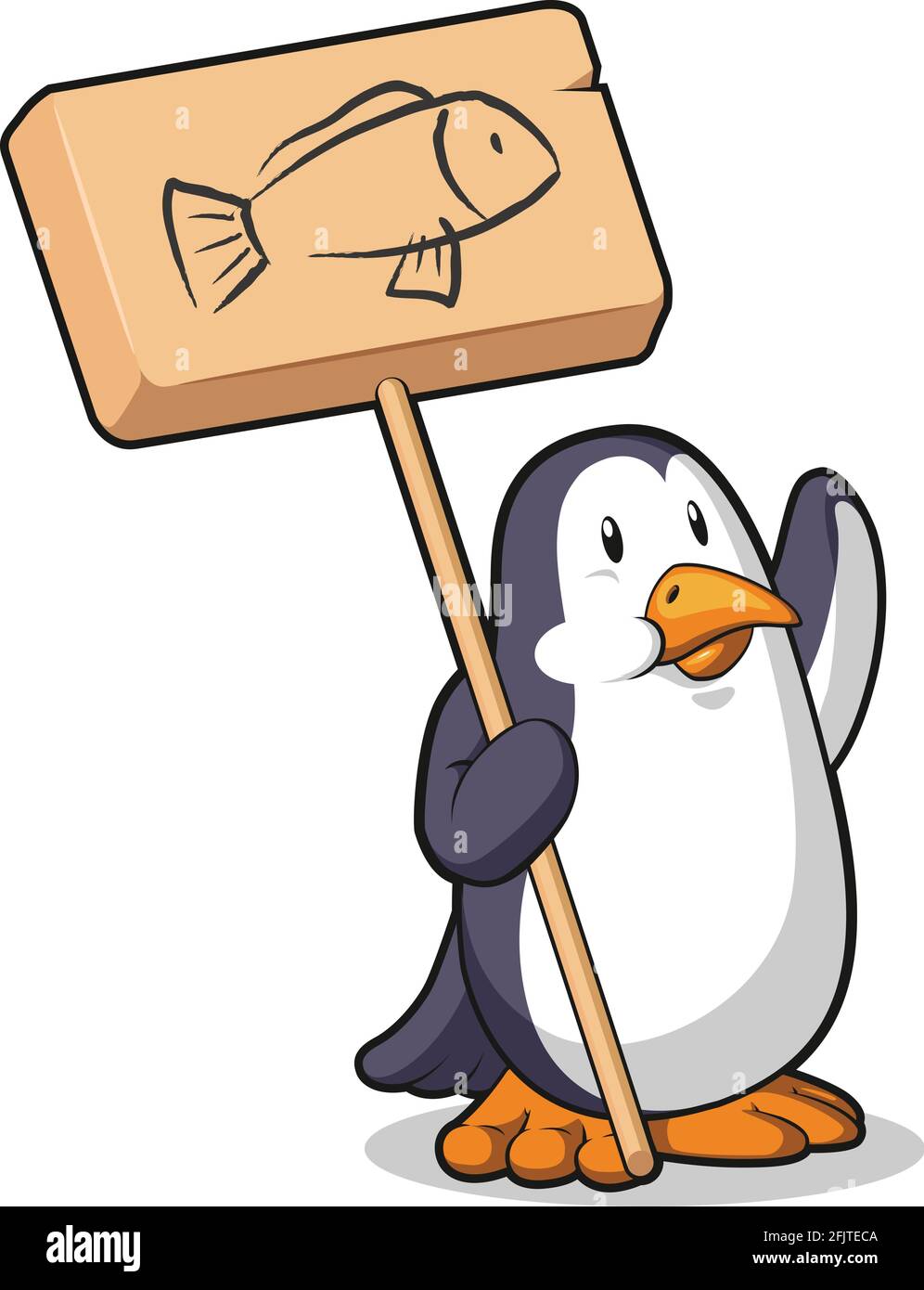 Hungry Penguin Holding Wood Sign Cartoon Illustration Vector Drawing ...